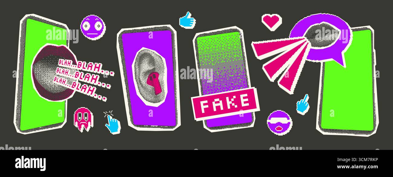 Fake news halftone elements set. Phone with human parts of face ...
