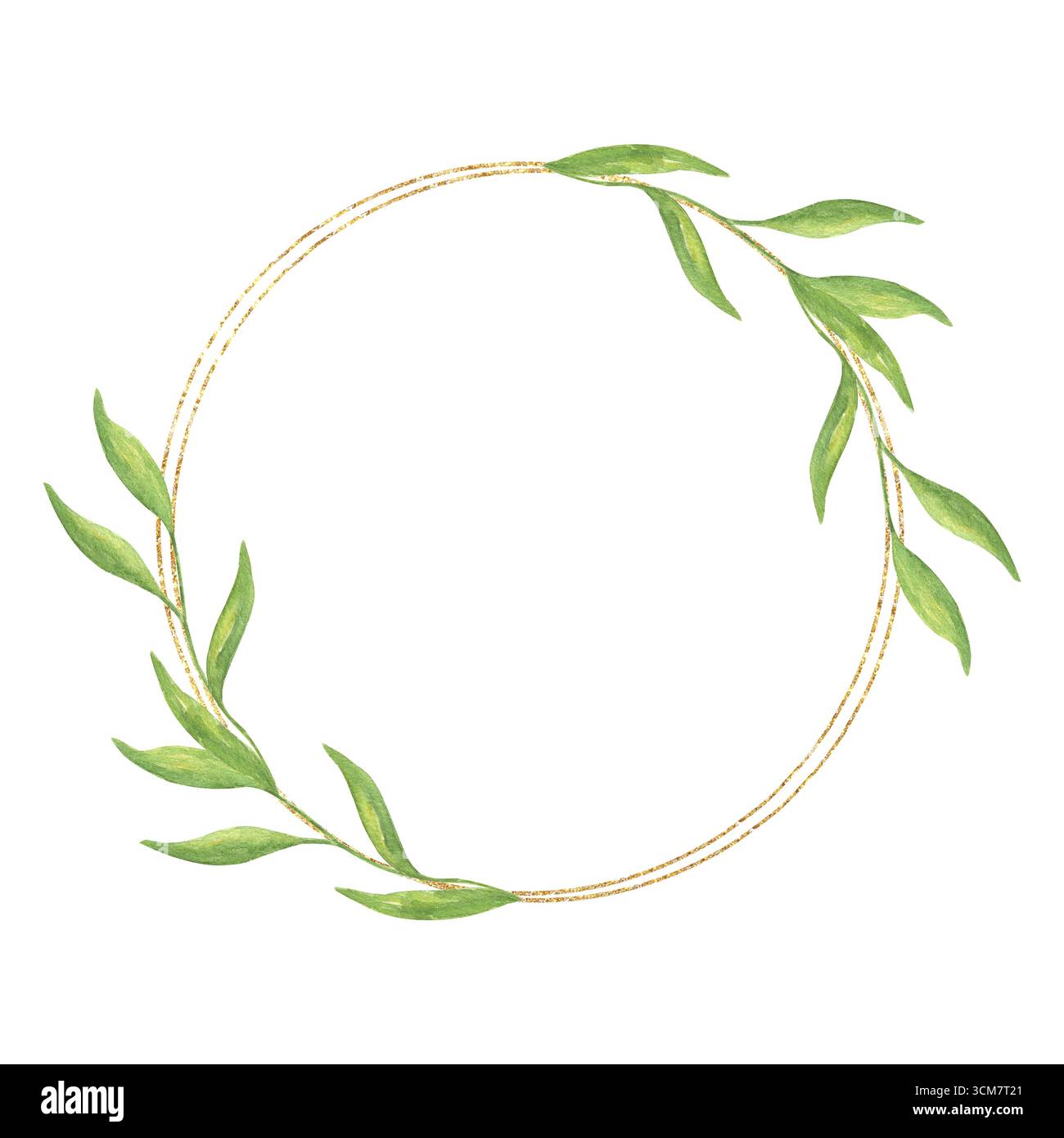 Round watercolor wreath with greenery and a gold rim. Design for an ...
