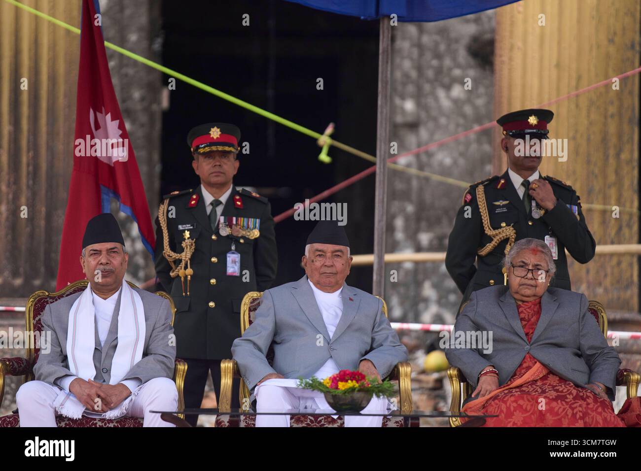 Nepalese President Ram Chandra Poudel, center, and and new Prime Minister Sushila Karki, right ...