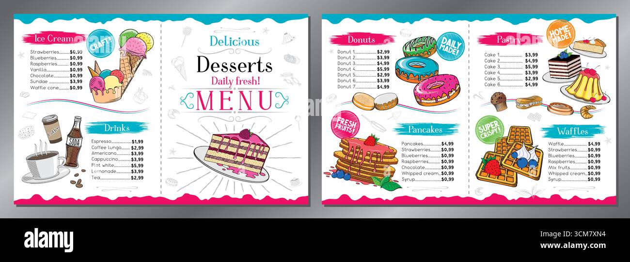 Pink and blue dessert menu card - letter format x2 (8,5 x 11 inches x2 ...