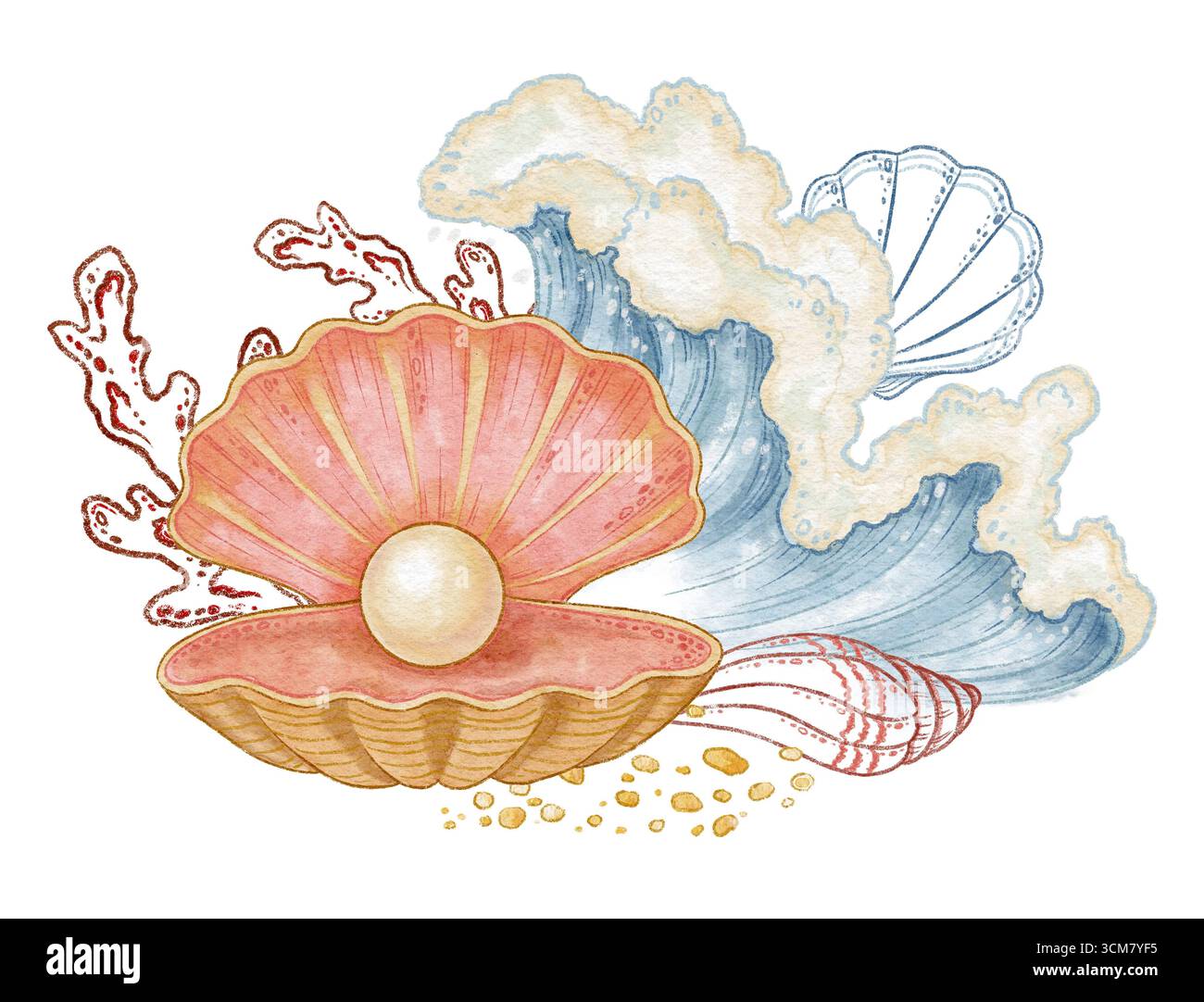 Seashell with pearl and blue wave watercolor design. Hand drawn line ...