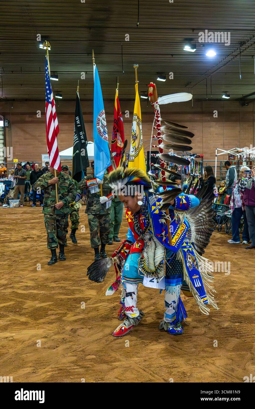 The Head Man Dancer in full regalia leads the Grand Entry carrying the ...
