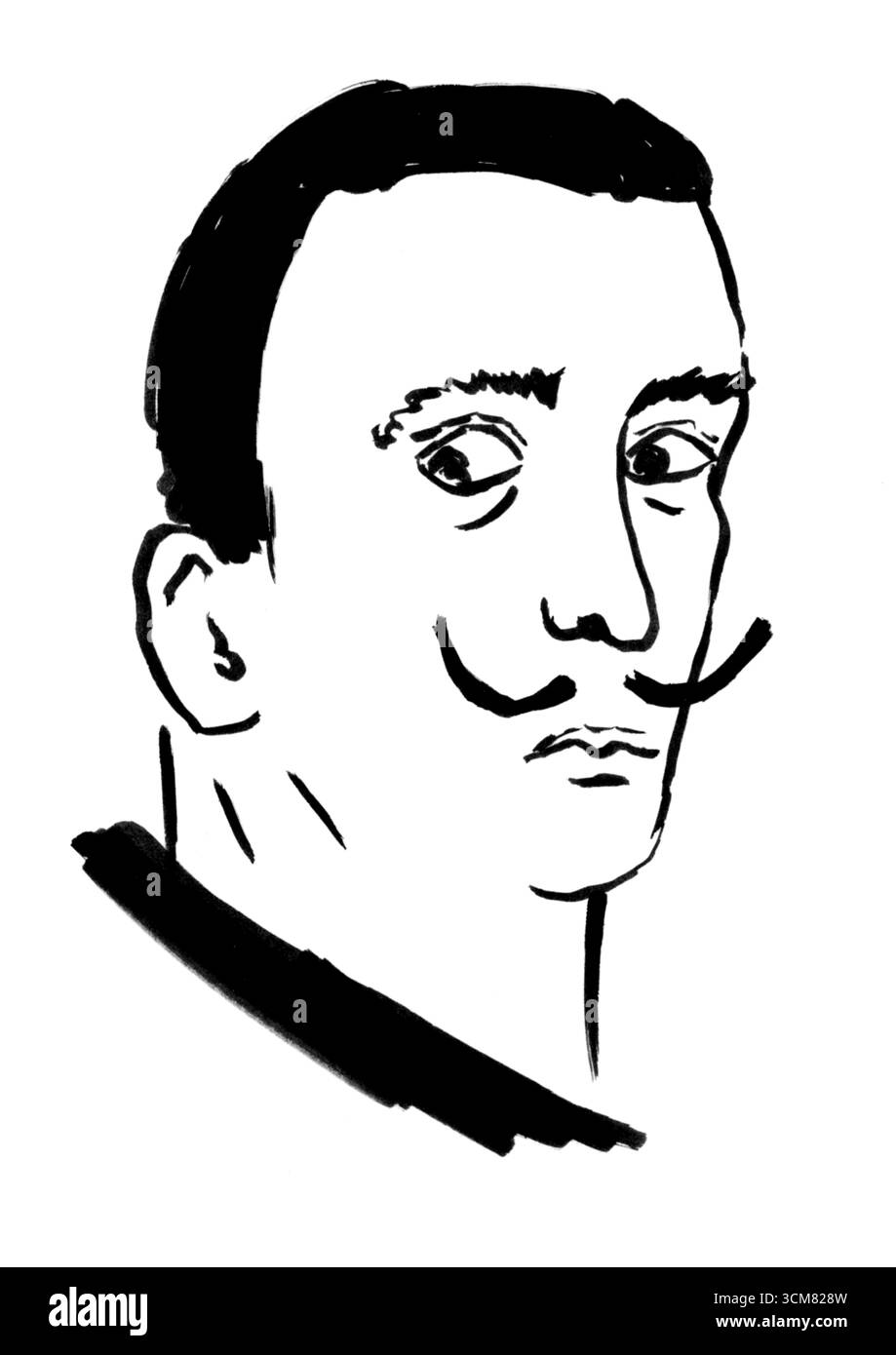 Expressive black-ink portrait of Salvador Dalí. The bold brush lines ...