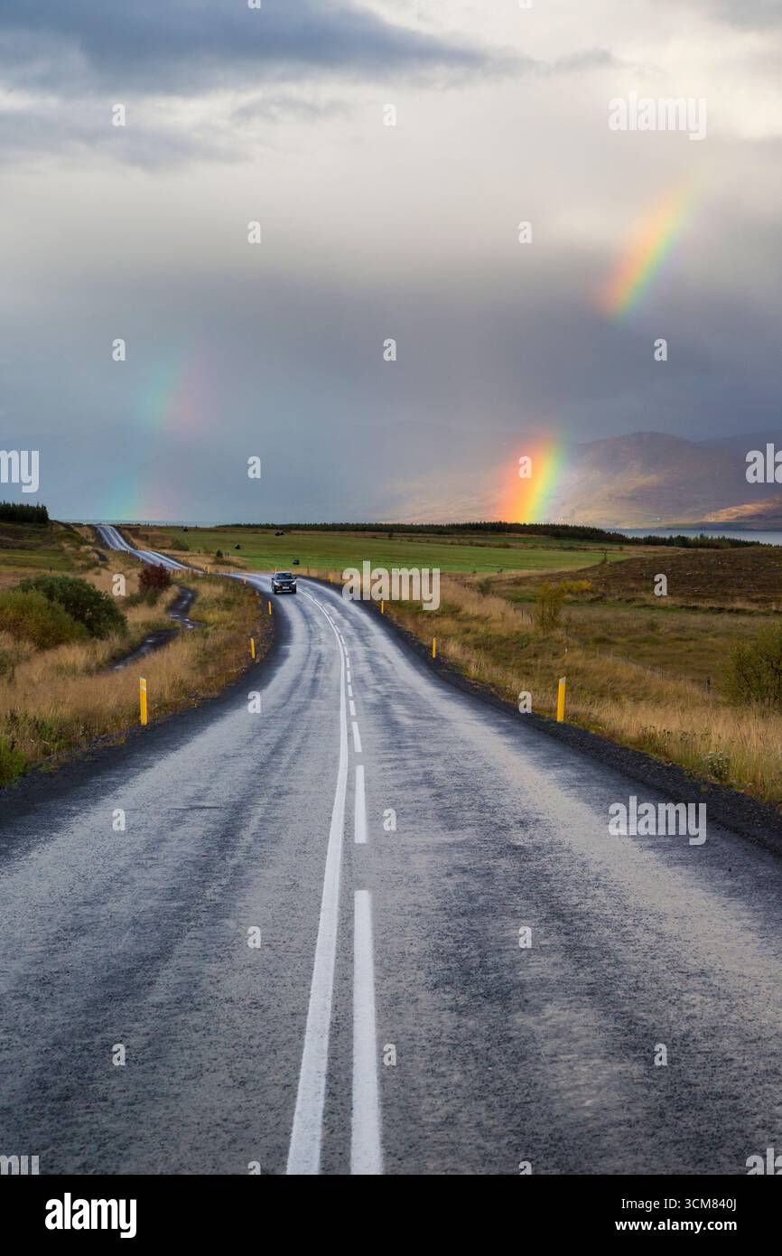 A double rainbow after a rain storm over Glaesibaejar road, Eyjafjordur ...