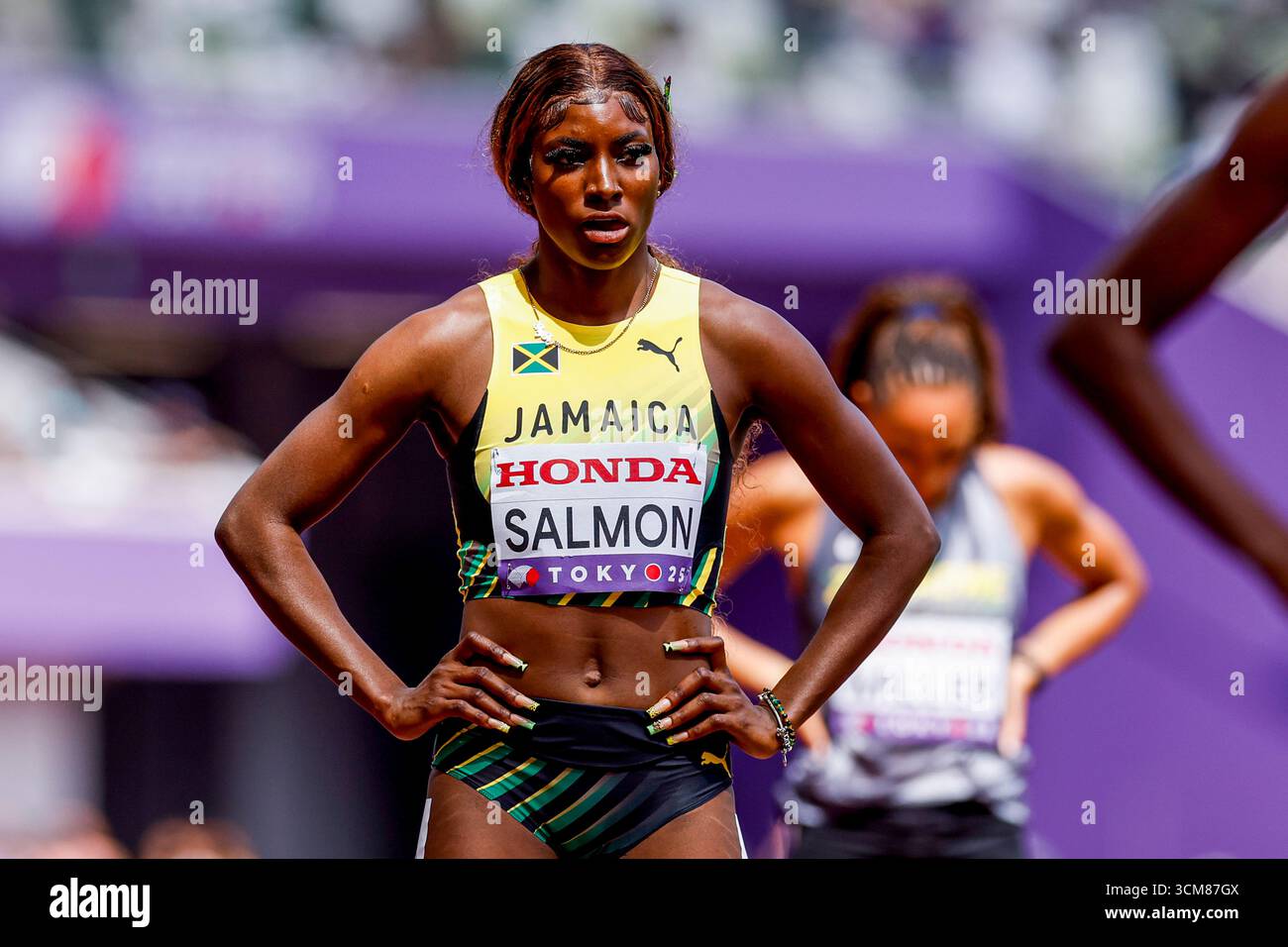 Shiann Salmon of Jamaica looks on before competing in the Women's 400 ...