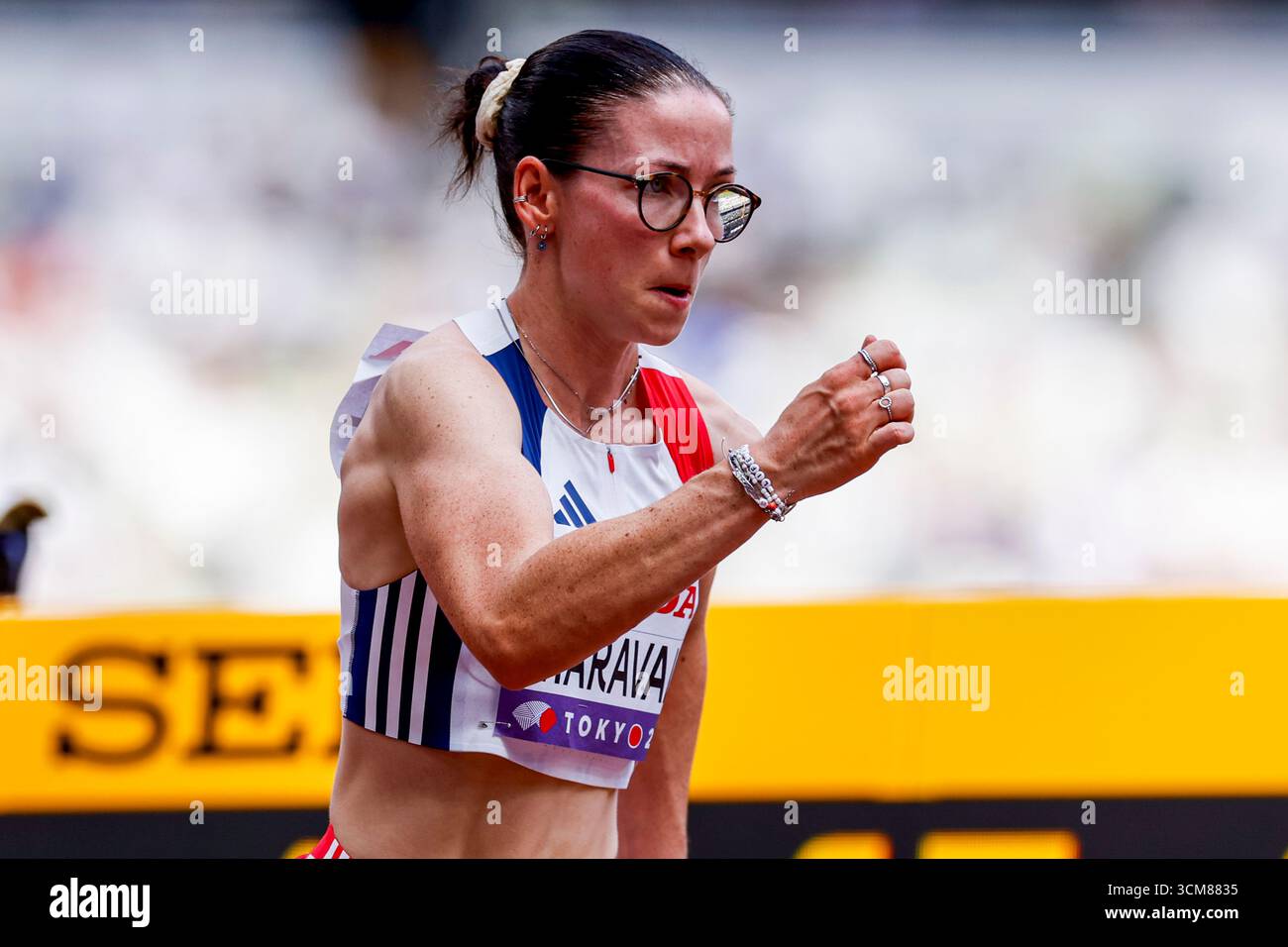 Louise Maraval of France competing in the Women's 400 Metres Hurdles ...