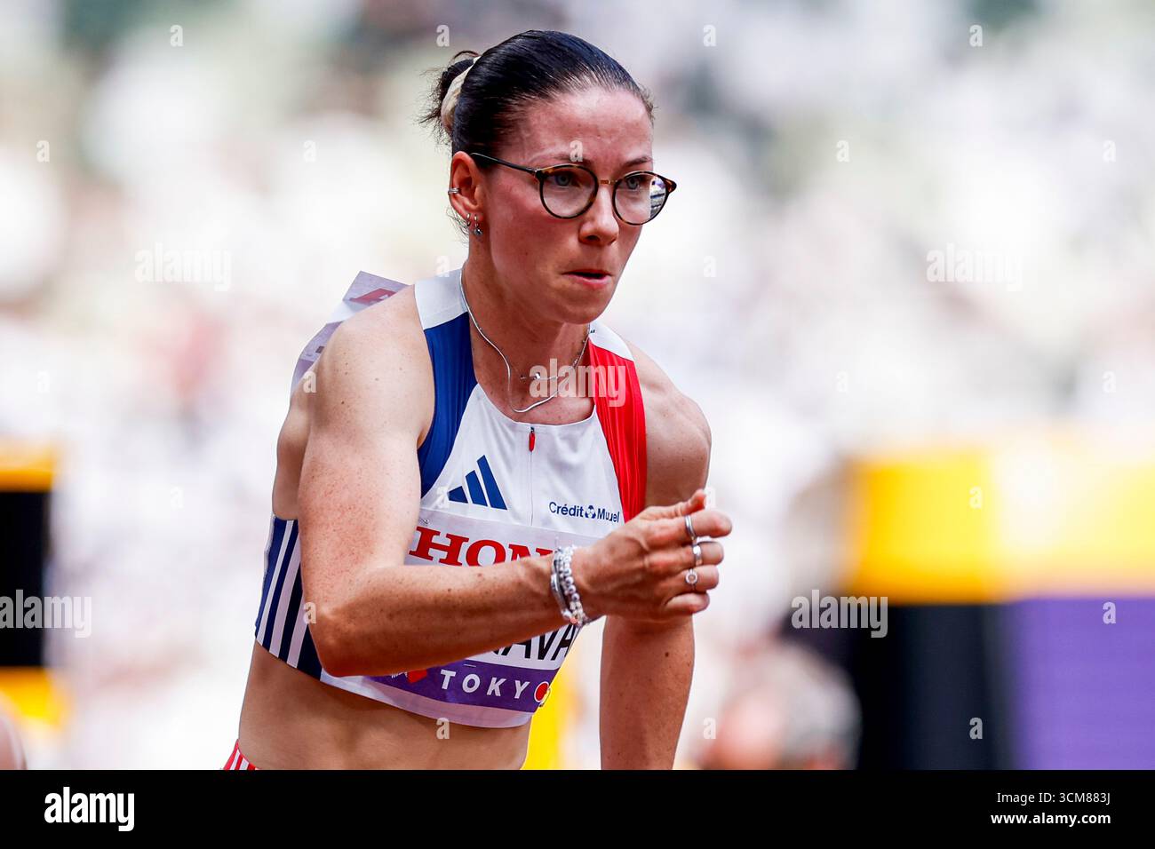 Louise Maraval of France competing in the Women's 400 Metres Hurdles ...