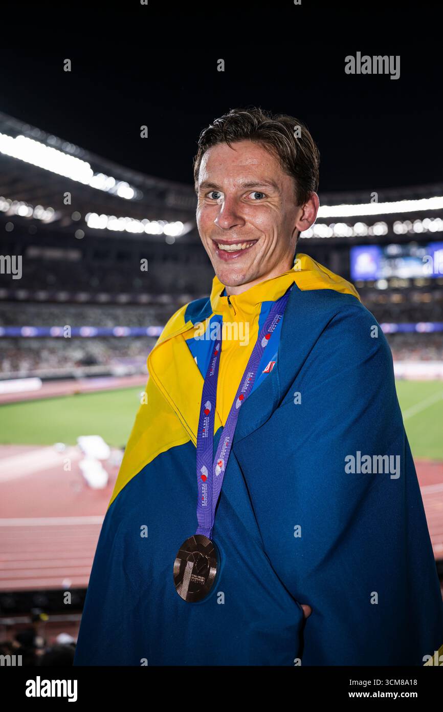 250915 Andreas Almgren of Sweden poses for a portrait with his bronze ...