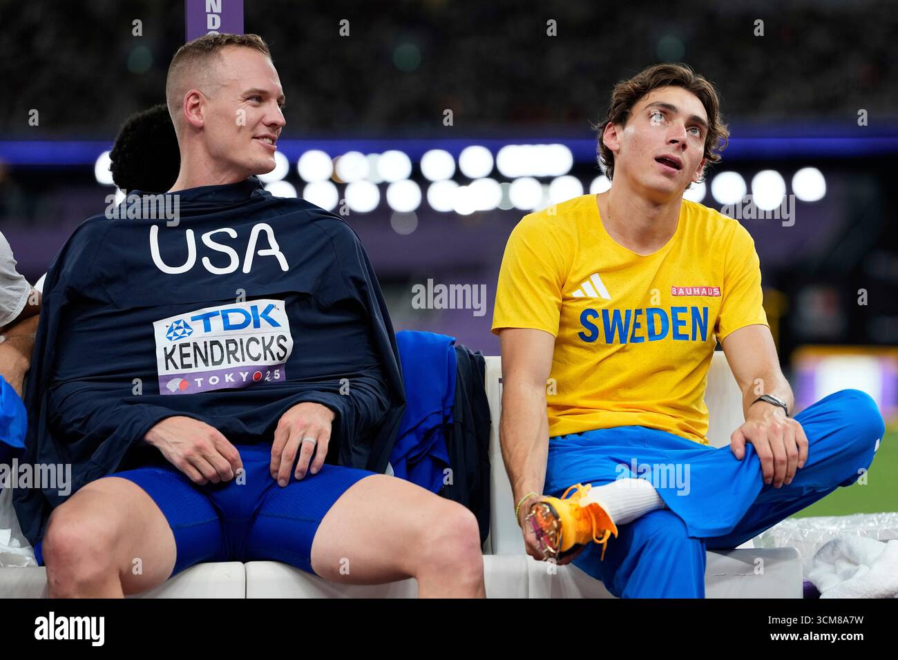 United States' Sam Kendricks and Sweden's Armand Duplantis chat ahead ...