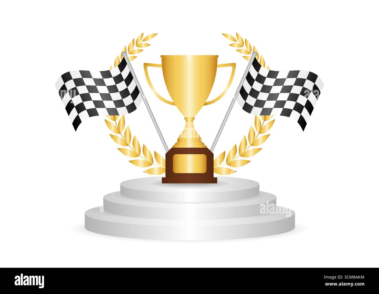 Racing Champion Cup on Stage Podium. Golden Trophy Cup and Checkered ...