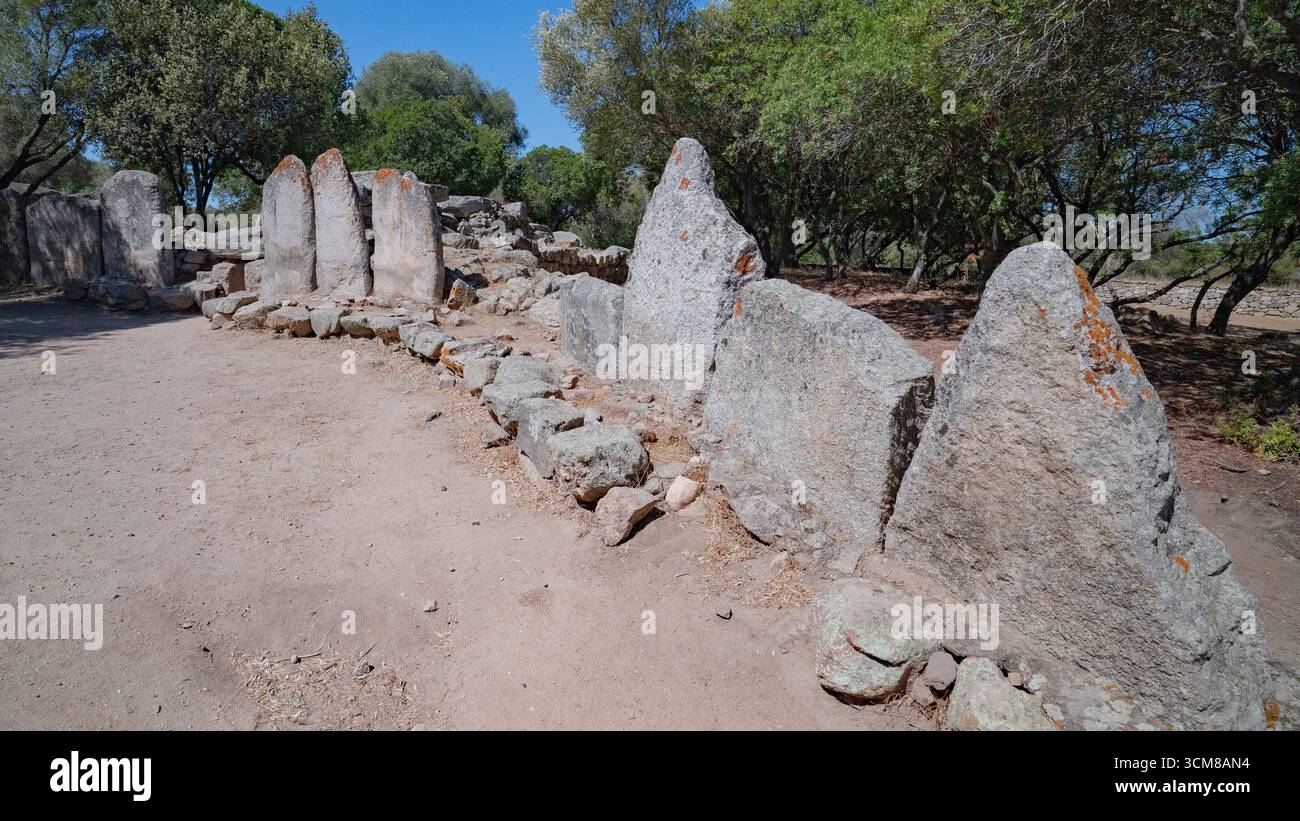 Prehistoric Giants' Tomb ruins surrounded by trees and dry landscape ...