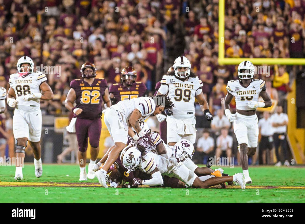Texas State Bobcats cornerback Khamari Terrell (4) and the defense stop ...