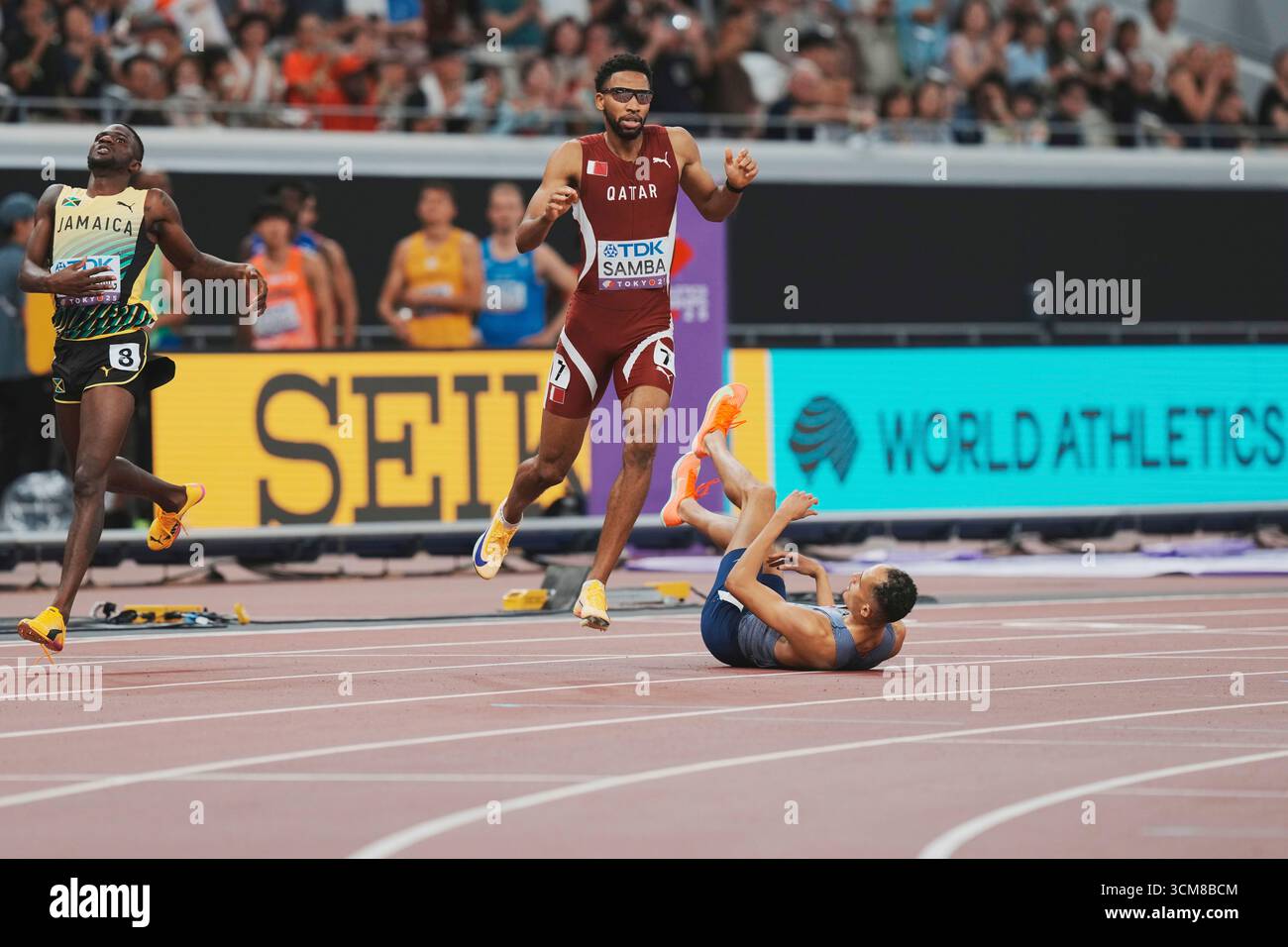 Jamaica's Malik James-King, left, and Qatar's Abderrahman Samba compete ...