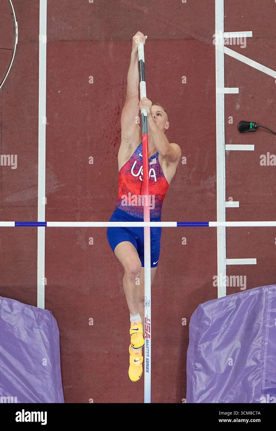 United States' Sam Kendricks competes in the men's pole vault final at ...