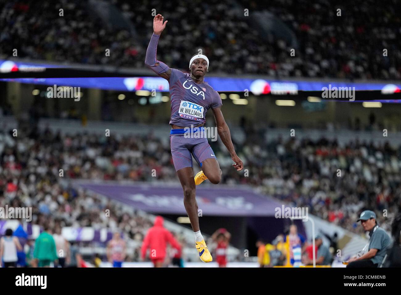 United States' William Williams makes an attempt in the men's long jump ...