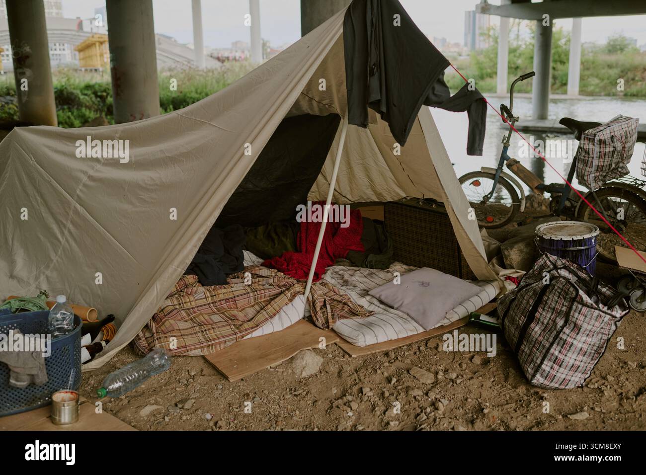Makeshift Tent Shelter under Bridge Showing Homeless Living Conditions ...