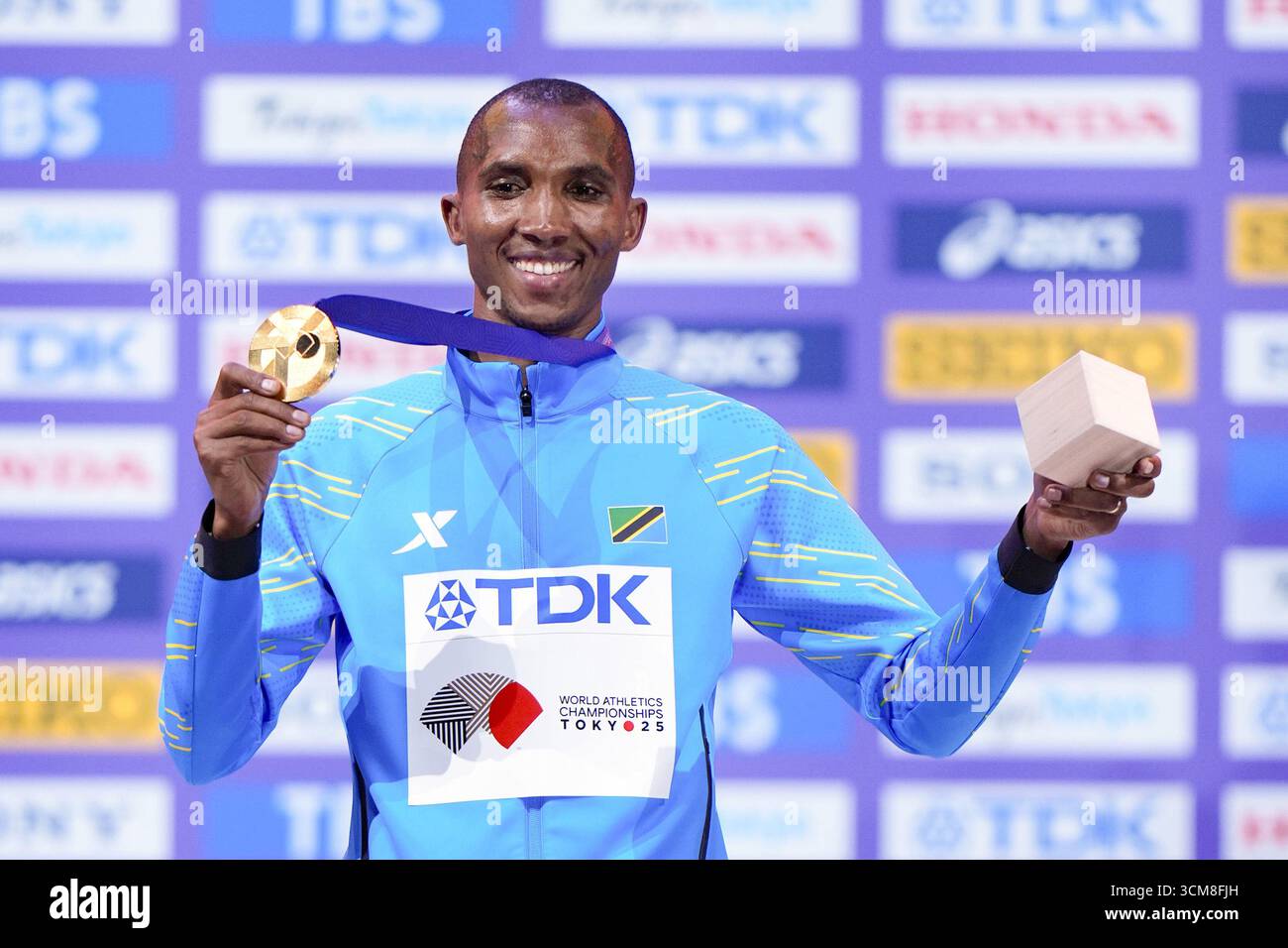 Gold medalist Alphonce Felix Simbu of Tanzania poses on the podium ...