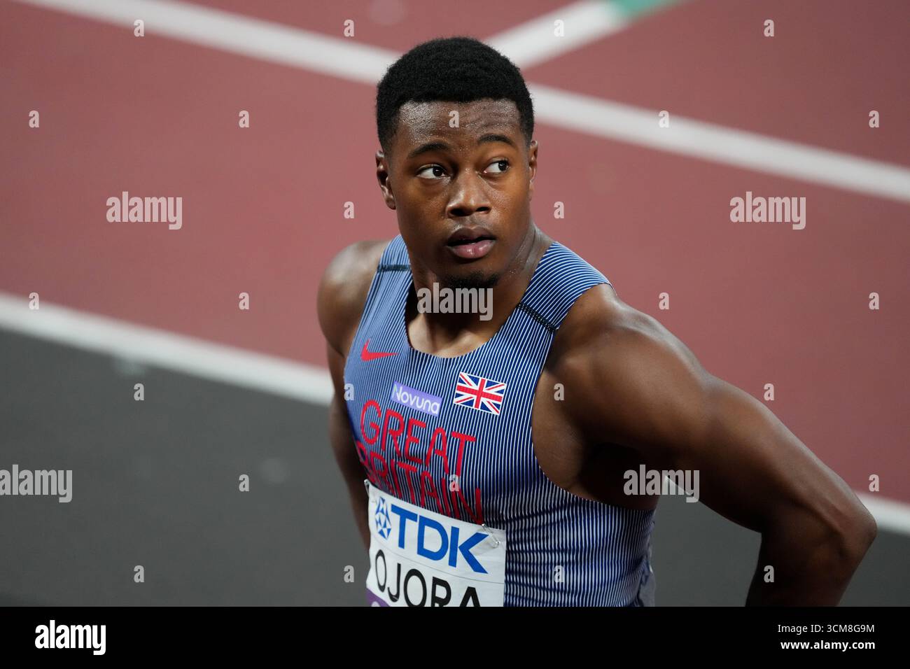 Tade Ojora of Great Britain during the Men’s 110m Hurdles heat 2 on day ...