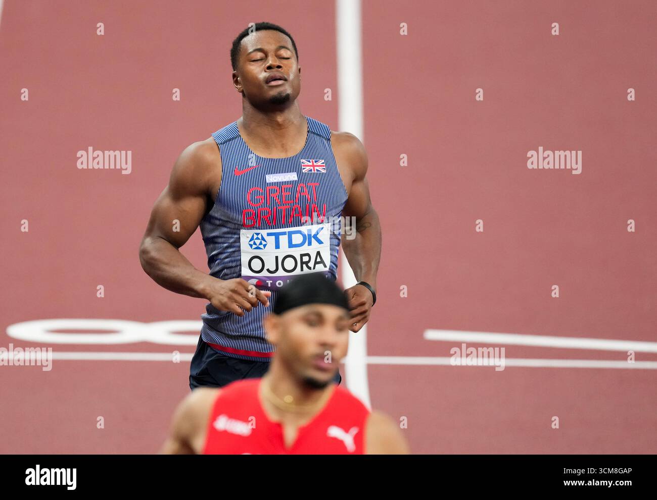 Tade Ojora of Great Britain during the Men’s 110m Hurdles heat 2 on day ...