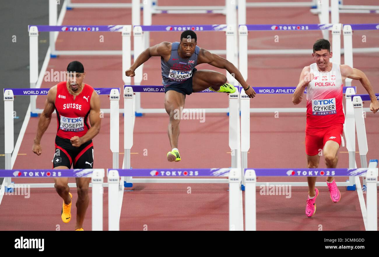 Tade Ojora of Great Britain during the Men’s 110m Hurdles heat 2 on day ...