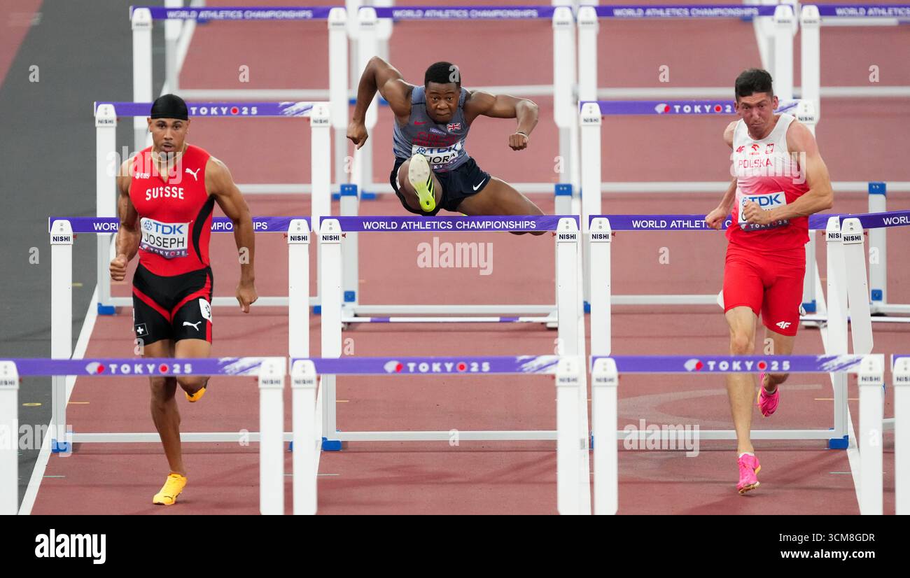 Tade Ojora of Great Britain during the Men’s 110m Hurdles heat 2 on day ...