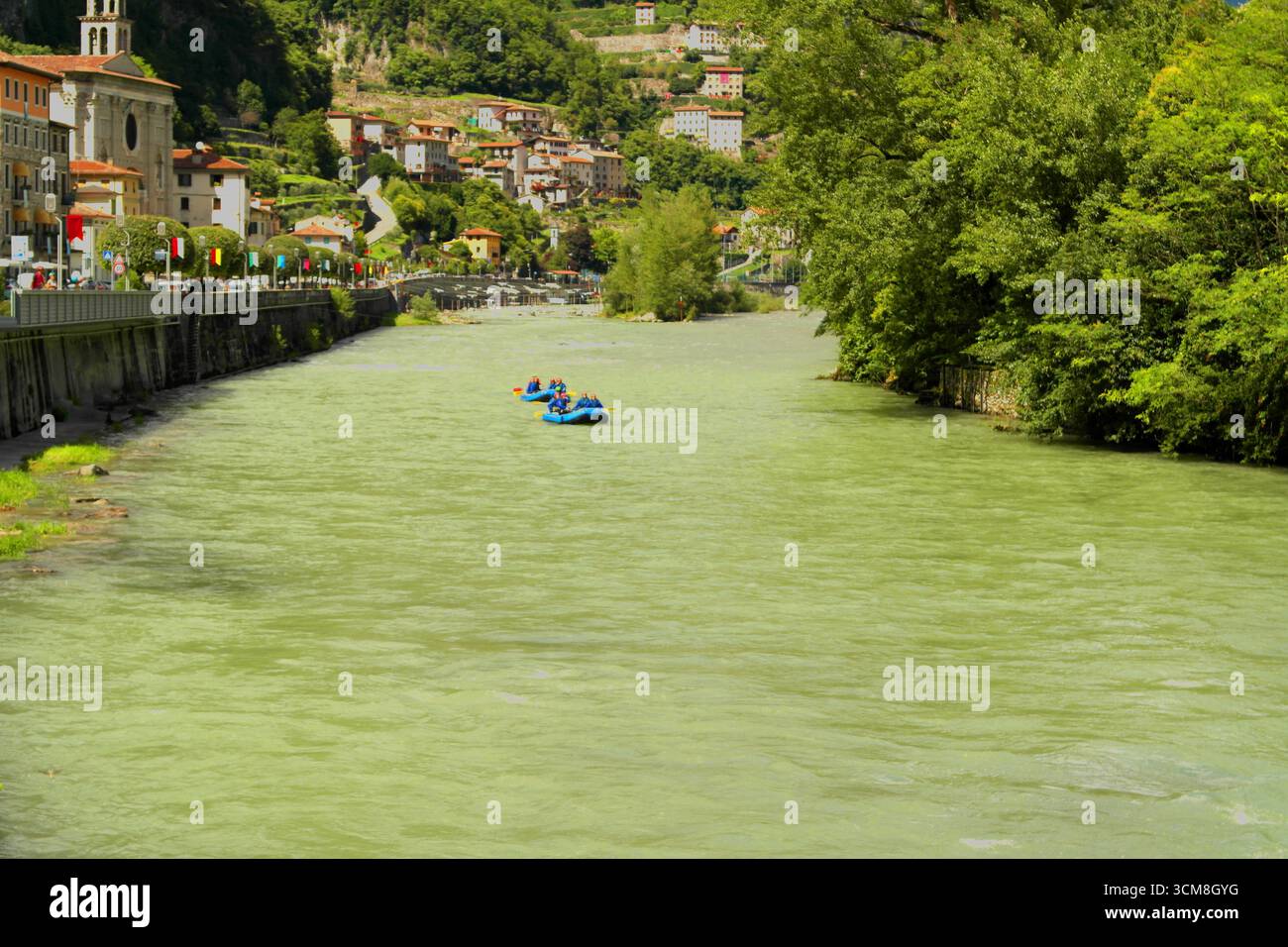 View of the Brenta River in Valstagna with two rafting boats, Vicenza ...
