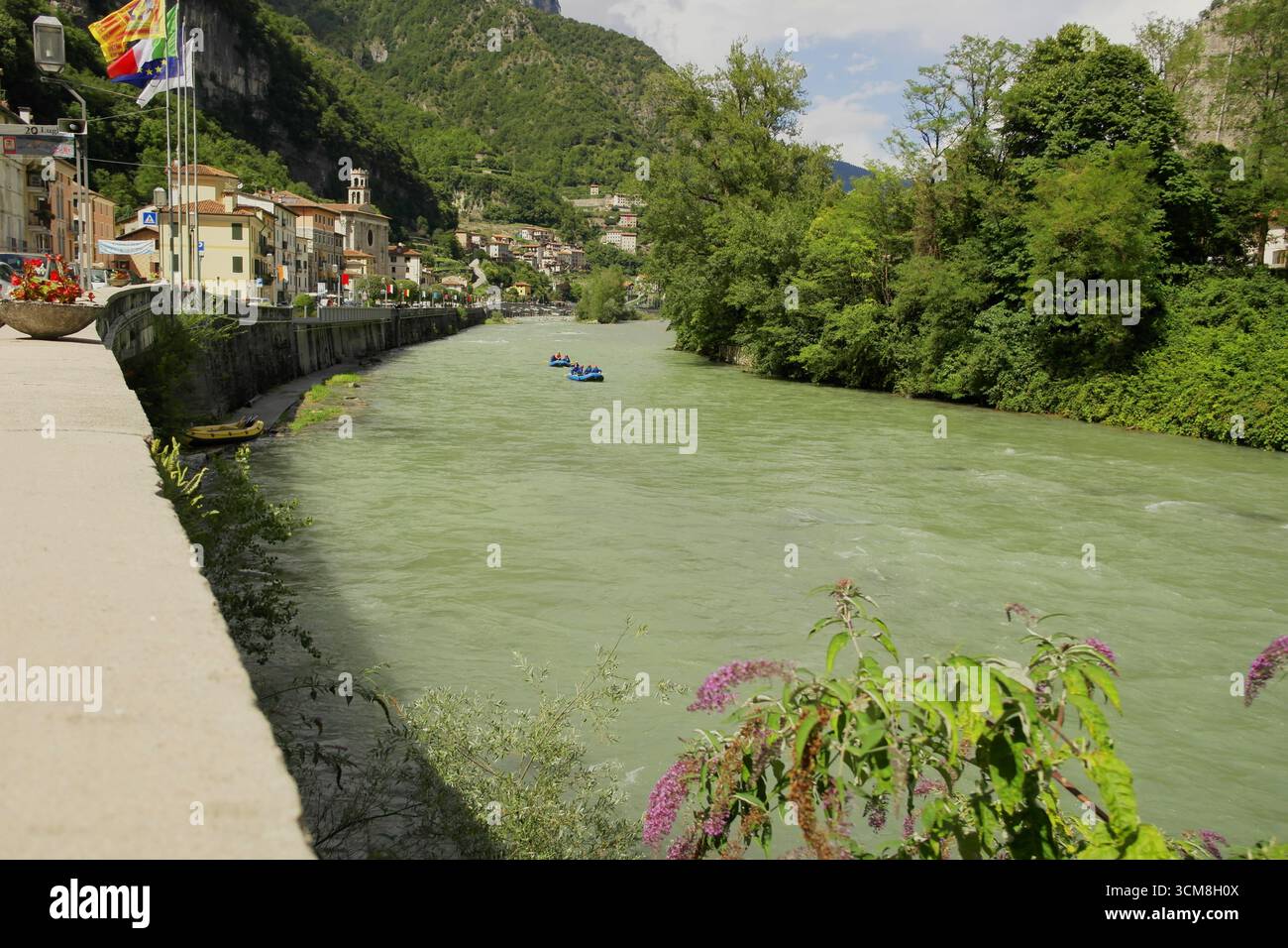 View of the Brenta River in Valstagna from rafting boats. August 3 ...