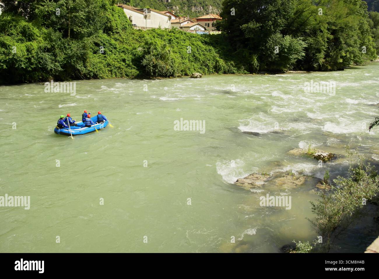 View of the Brenta River in Valstagna from a rafting dinghy. August 3 ...