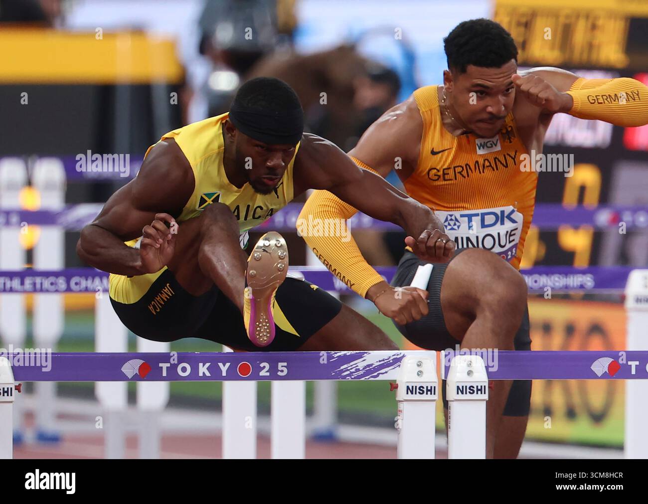 Athletes compete in the men's 110 meters hurdles heat at the World ...