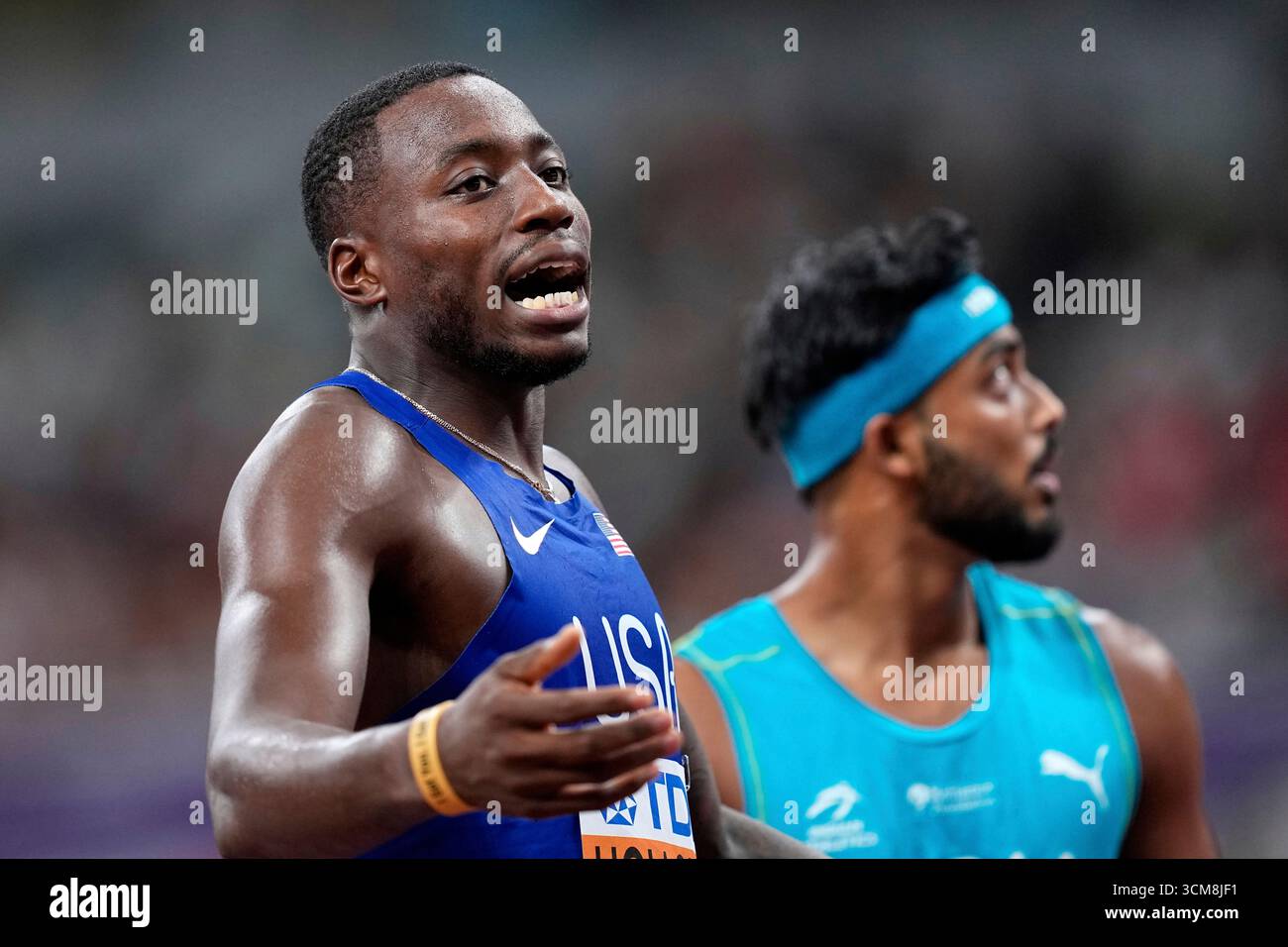 United States' Grant Holloway reacts after finishing a men's 110 meters ...