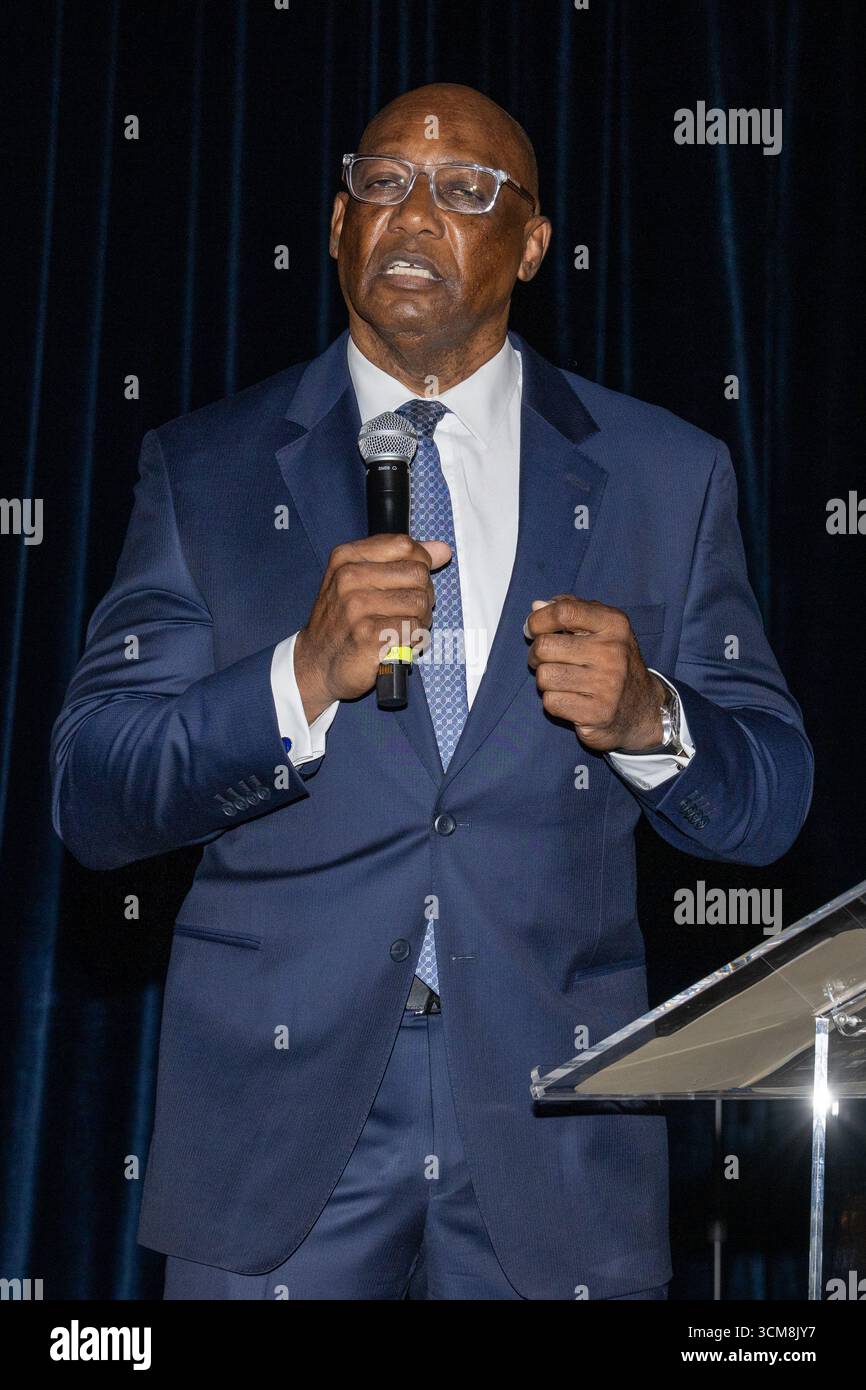 Bryce McKinney speaks on stage during the 2025 AAPOL Awards dinner held ...