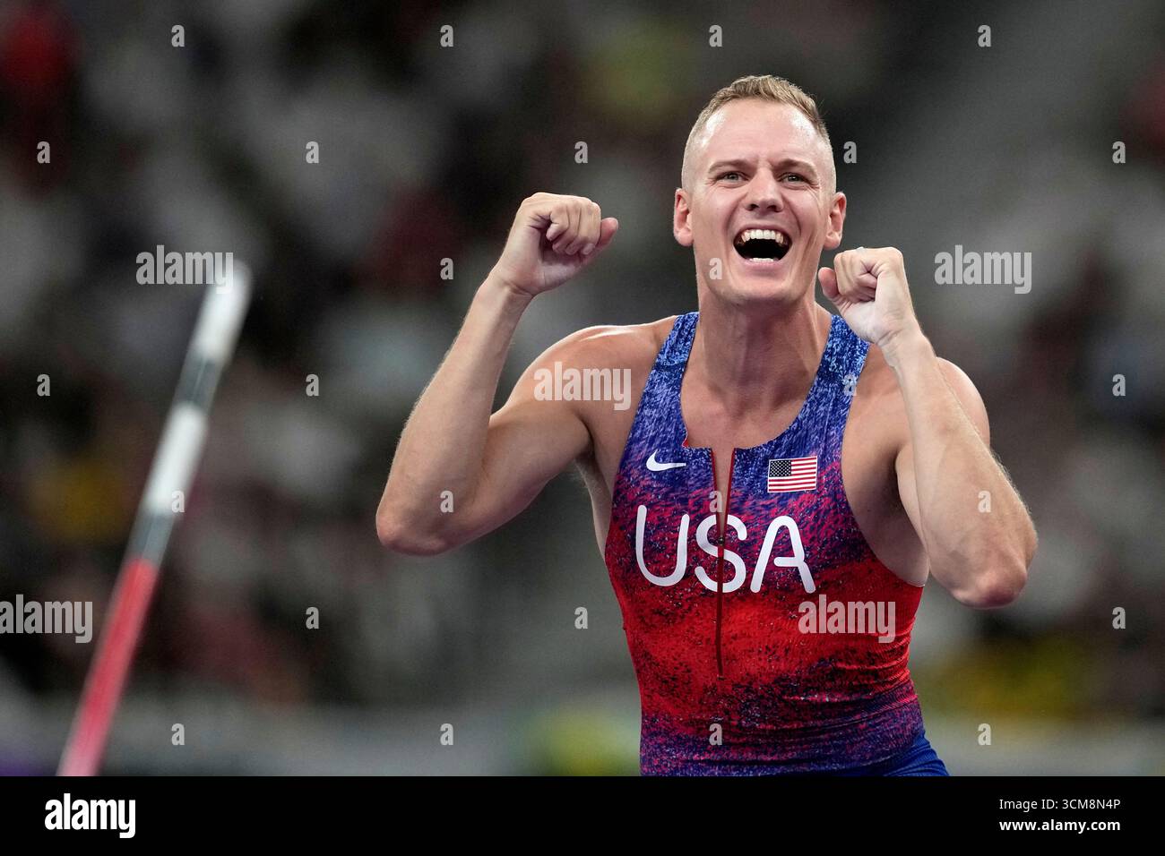 United States' Sam Kendricks reacts after a clearance in the men's pole ...