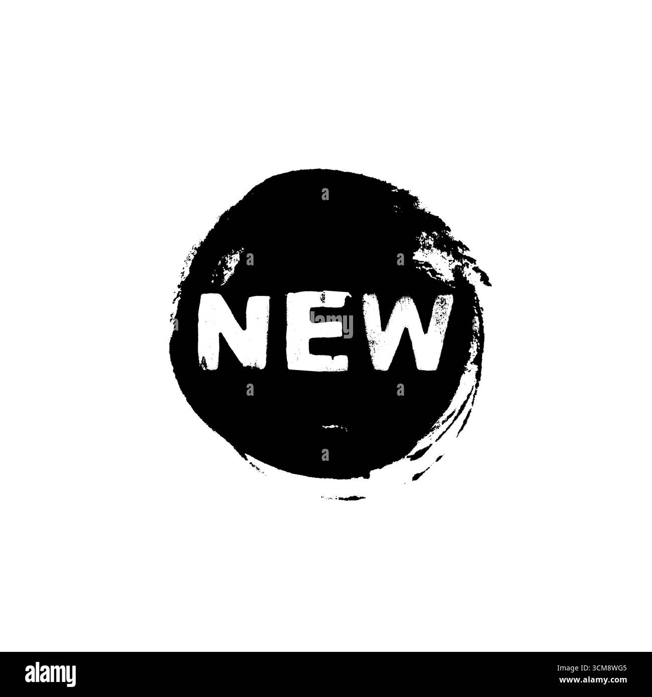 Black round grunge button shows: New - New Stock Photo - Alamy