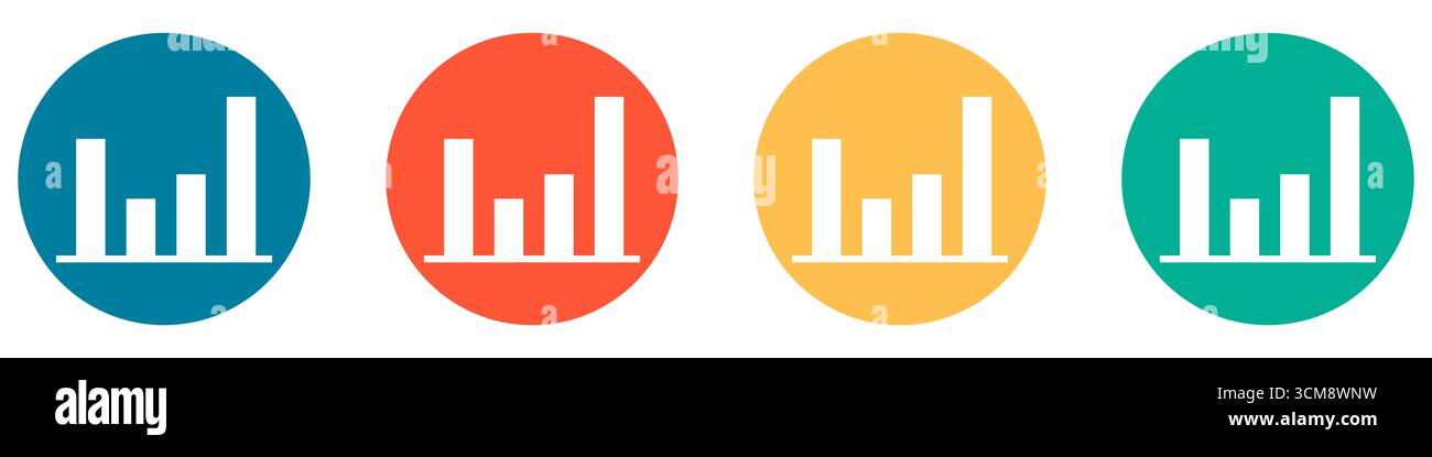 4 colorful buttons in blue red orange and green show statistics diagram ...