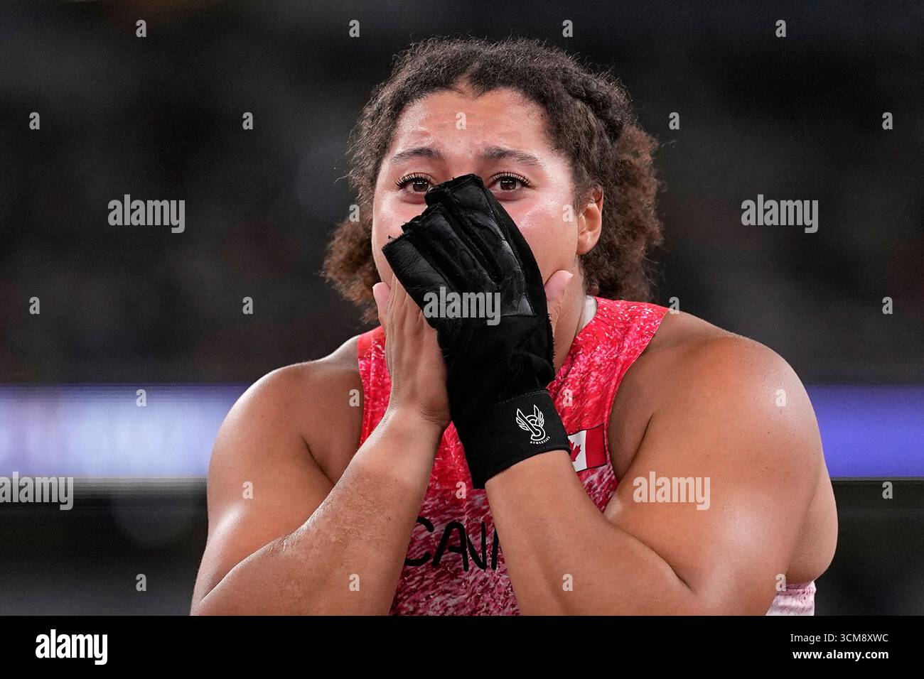 Canada's Camryn Rogers reacts after an attempt in the women's hammer ...