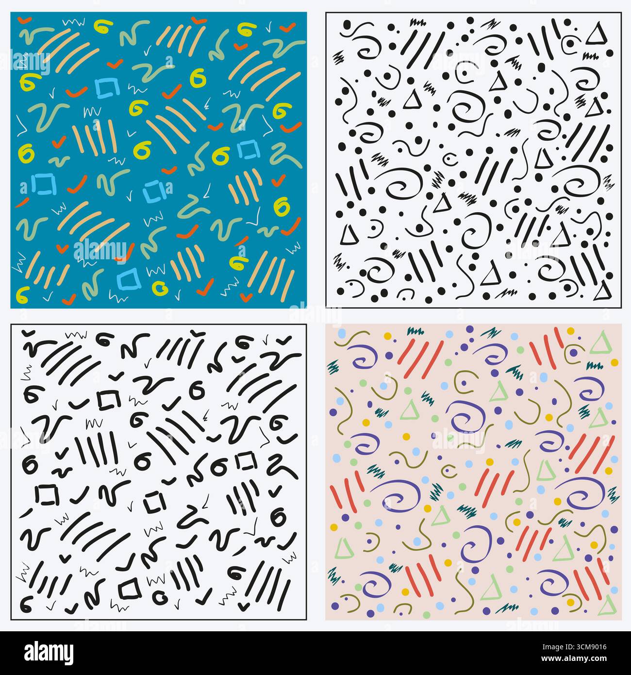 Set of 4 Colorful Abstract Patterns with Doodles and Geometric shapes ...