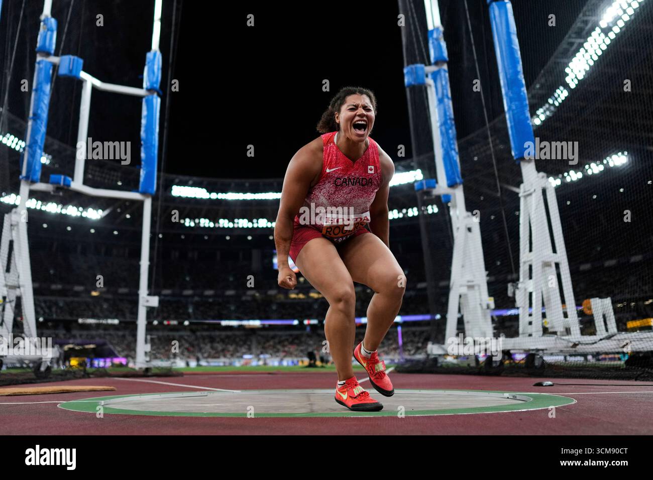Canada's Camryn Rogers reacts an attempt during the women's hammer ...