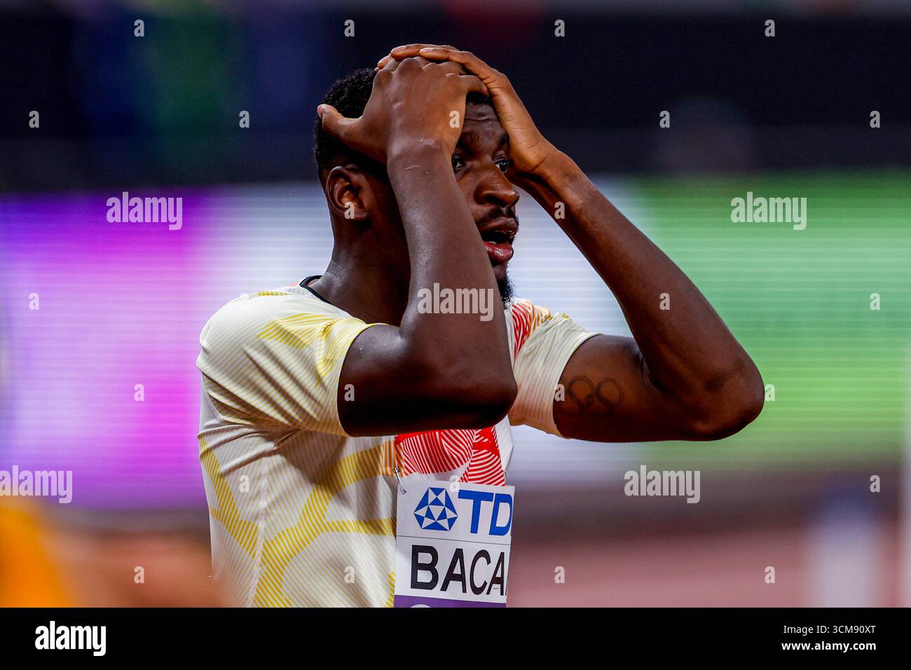 Elie Bacari of Belgium looks on after competing in the Men's 110 Metres ...