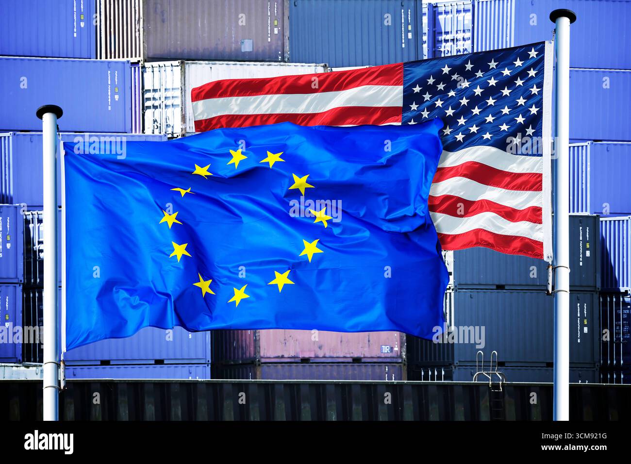 Eu and us flag in front of stacked containers hi-res stock photography ...