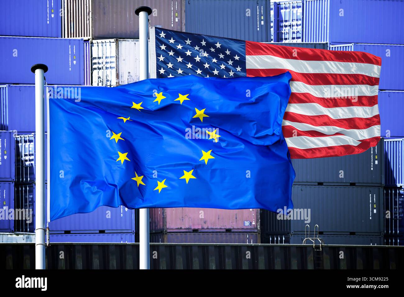 EU and US flag in front of stacked containers, customs dispute and customs agreement between EU ...