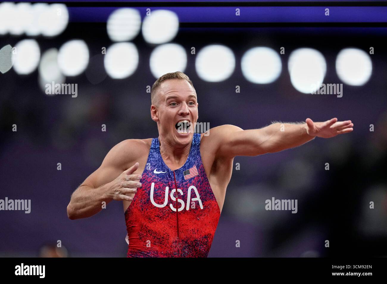 United States' Sam Kendricks reacts after a clearance in the men's pole ...
