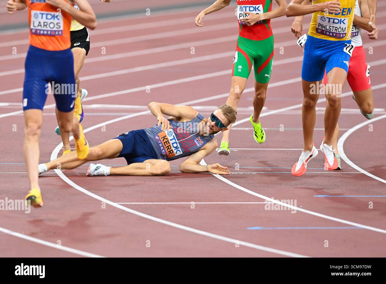 Josh Kerr (Great Britain) on the gound during the 1500 metres semi ...