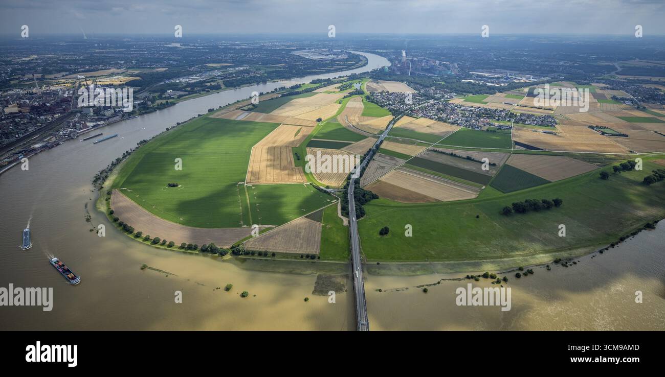 Aerial view, Krefeld-Uerdingen bridge, flood river Rhine, flooding ...