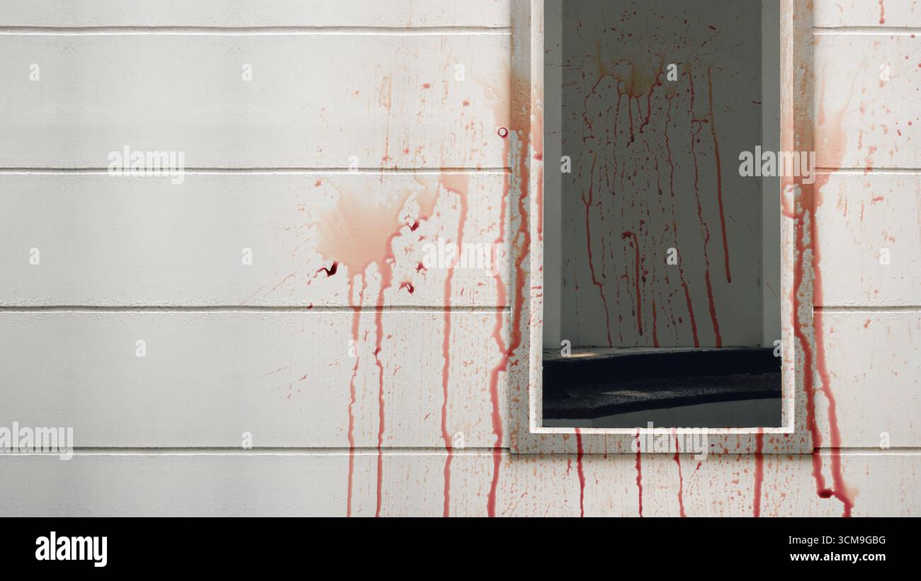 Outdoor view of the window on the tile wall with splatters of blood ...