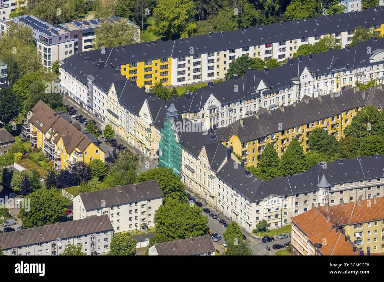 Aerial view, residential area with house facade renovation Neuer Graben ...