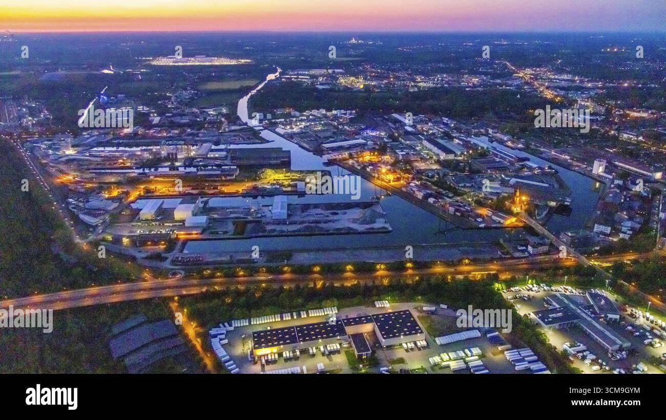 Aerial view, night view of Dortmund harbour, historical building old ...