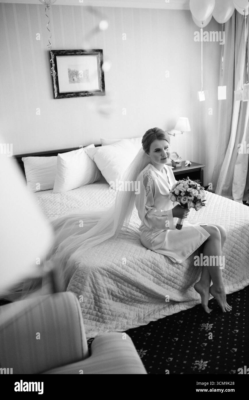 morning make-up and preparation of the bride in the hotel room Stock ...