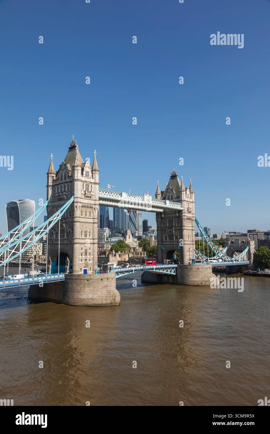 England, London, Elevated Daytime view of Tower Bridge and The City of ...