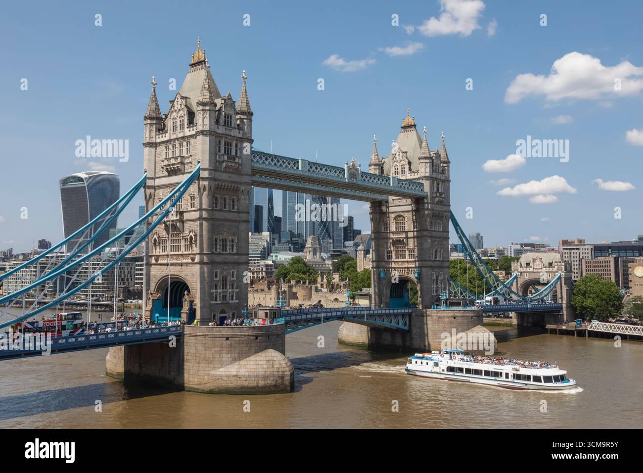England, London, Elevated Daytime view of Tower Bridge and The City of ...