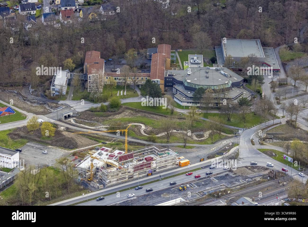 Aerial view, construction site and new construction of vocational ...